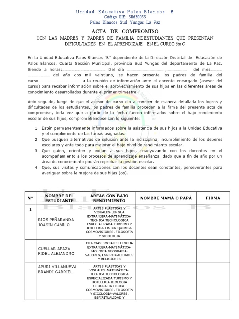 Acta de Compromiso 2021 | PDF | Maestros | Modificación de comportamiento