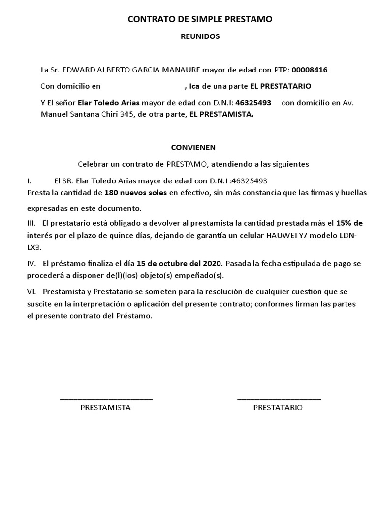 Contrato de Simple Prestamo | PDF