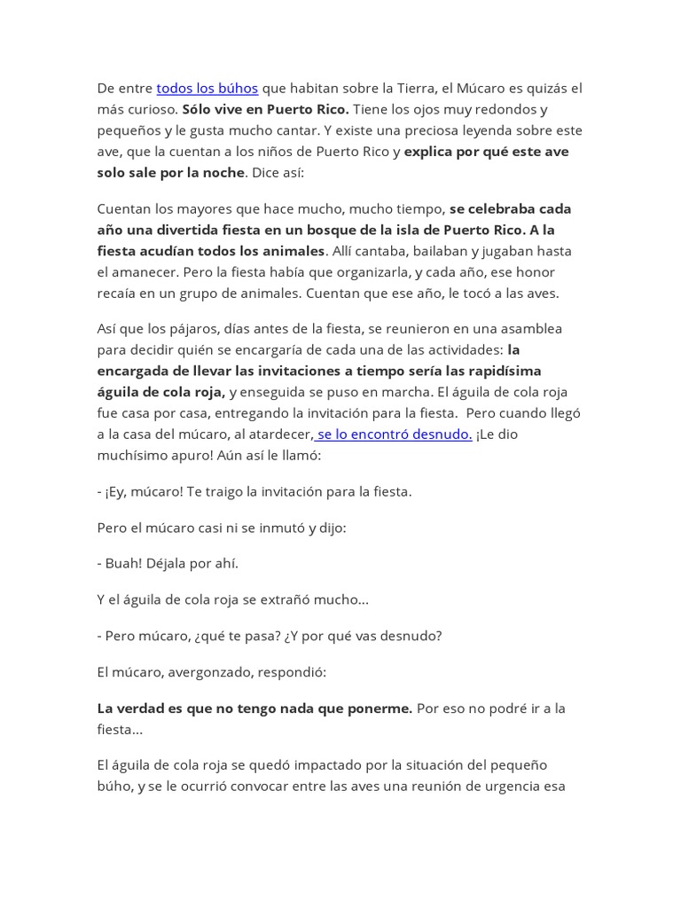 Leyenda Del Mucaro. Puerto Puerto Rico | PDF | Aves