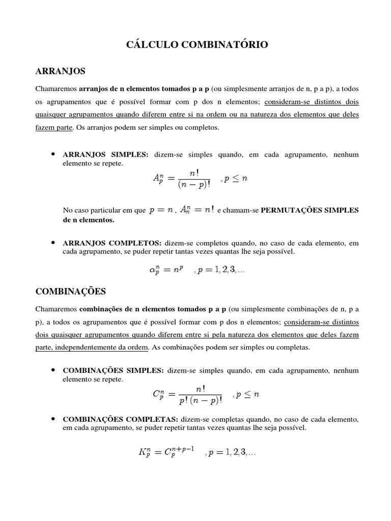 Formulário Cálculo Combinatório | PDF