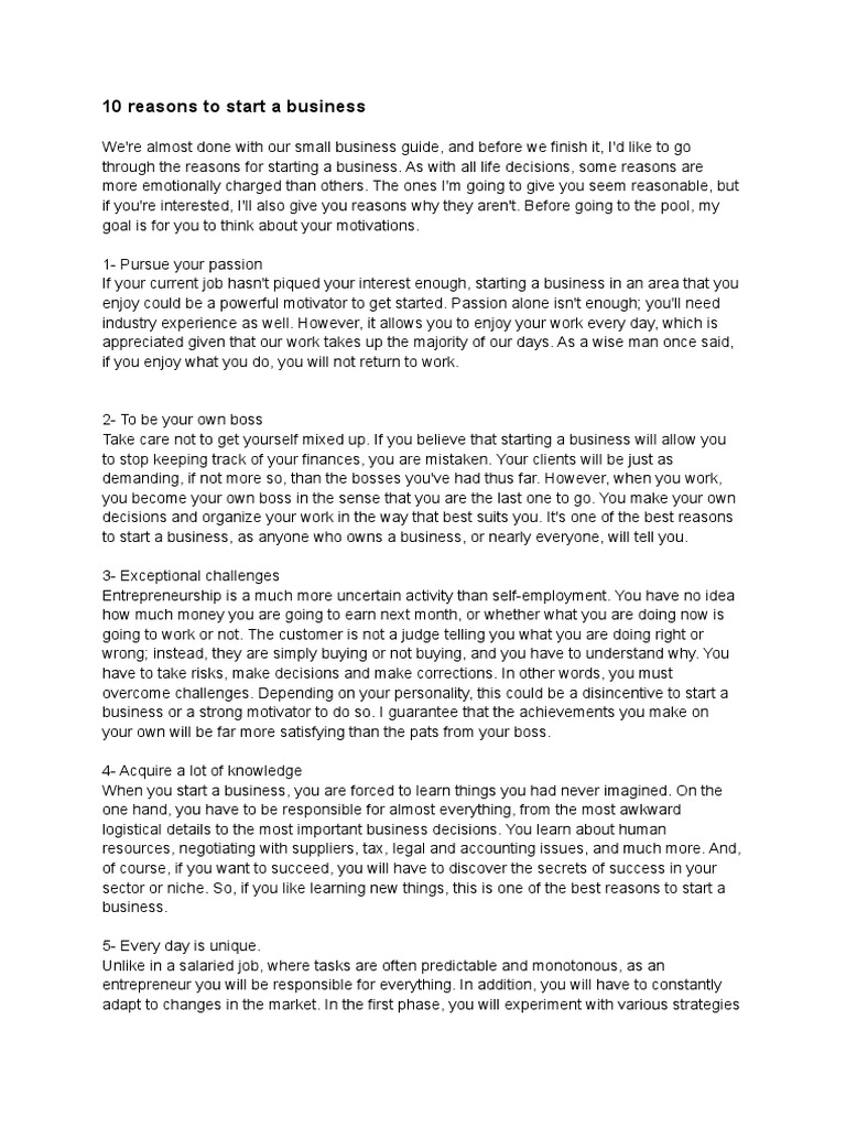 10 Reasons To Start A Business | PDF | Entrepreneurship | Reason