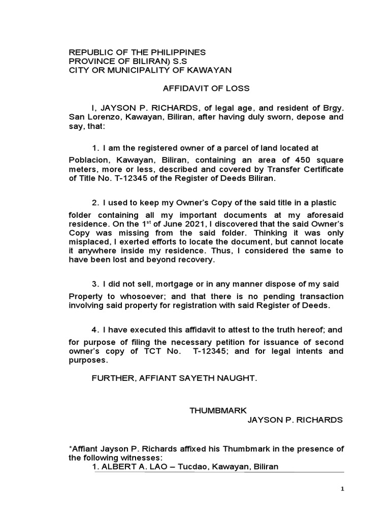Affidavit of Loss for TCT No. T-12345 | PDF | Affidavit | Document