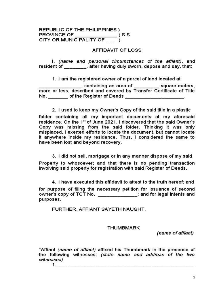 Affidavit of Loss TCT Owners | PDF | Affidavit | Notary Public