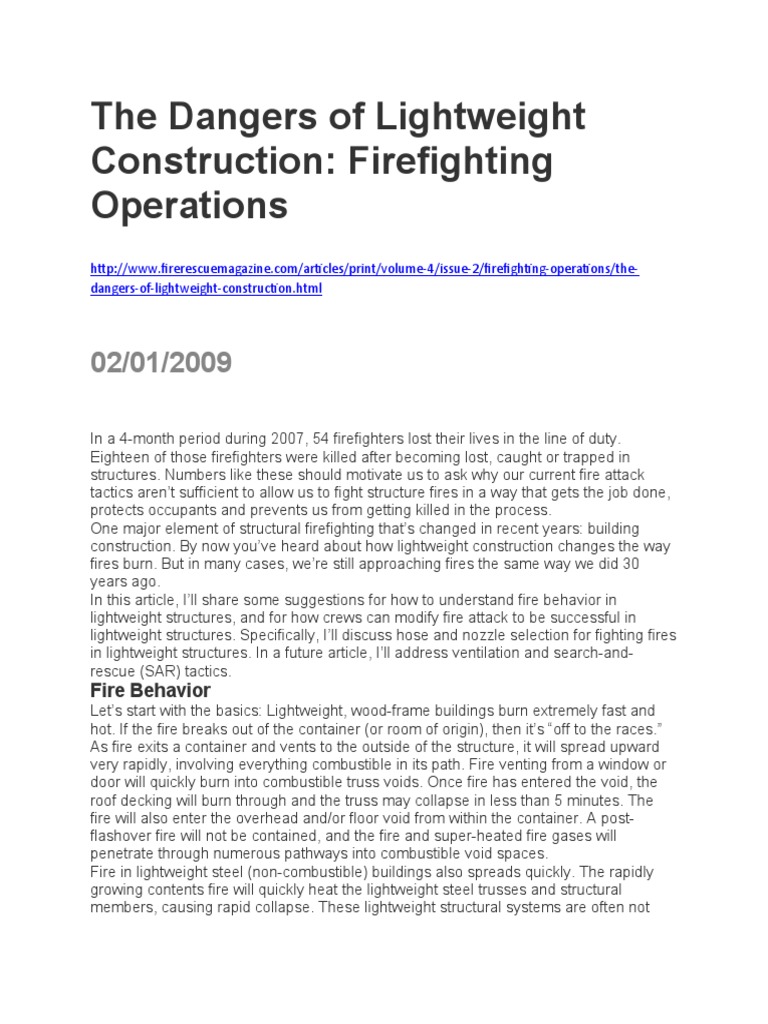The Dangers of Lightweight Construction-Firefighting Operations | PDF ...