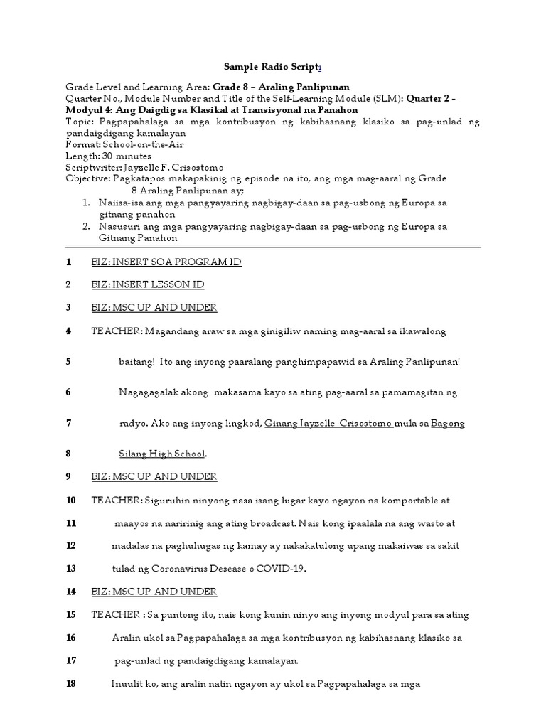 RBI - AP 8 - Q2 - MODULE 4-Week 4 - Radio Script | PDF