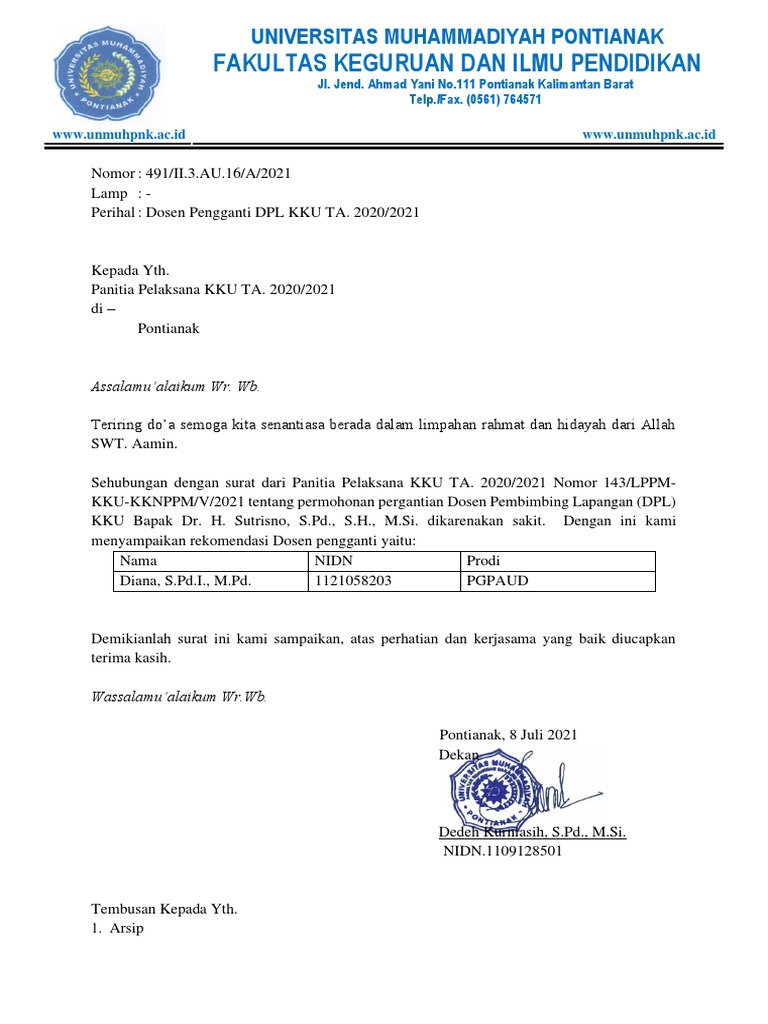 Surat Pengganti DPL KKU TA.2020-2021 (Cap) | PDF