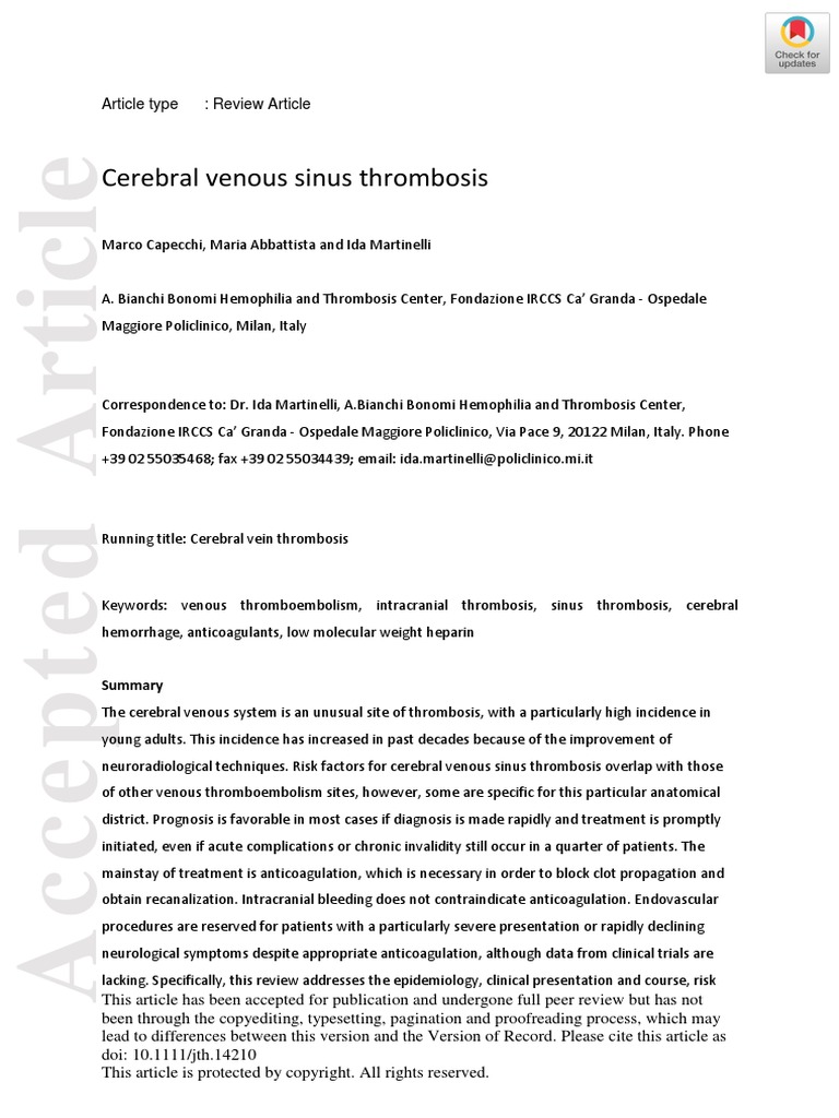 Cerebral Venous Sinus Thrombosis Pdf Thrombosis Vein