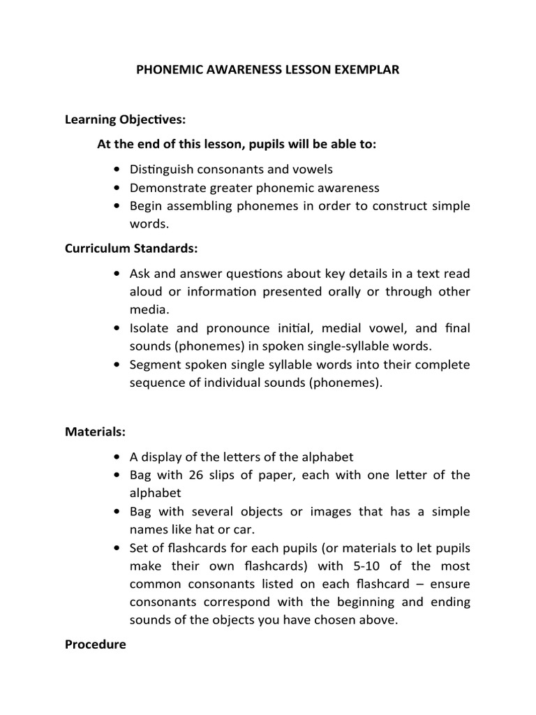 Phonemic Awareness Lesson Exemplar | PDF | Alphabet | Consonant