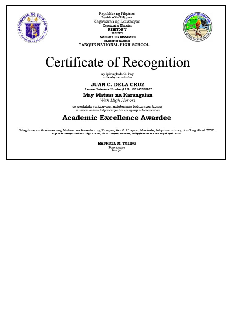 Certificate of Recognition: Academic Excellence Awardee | PDF