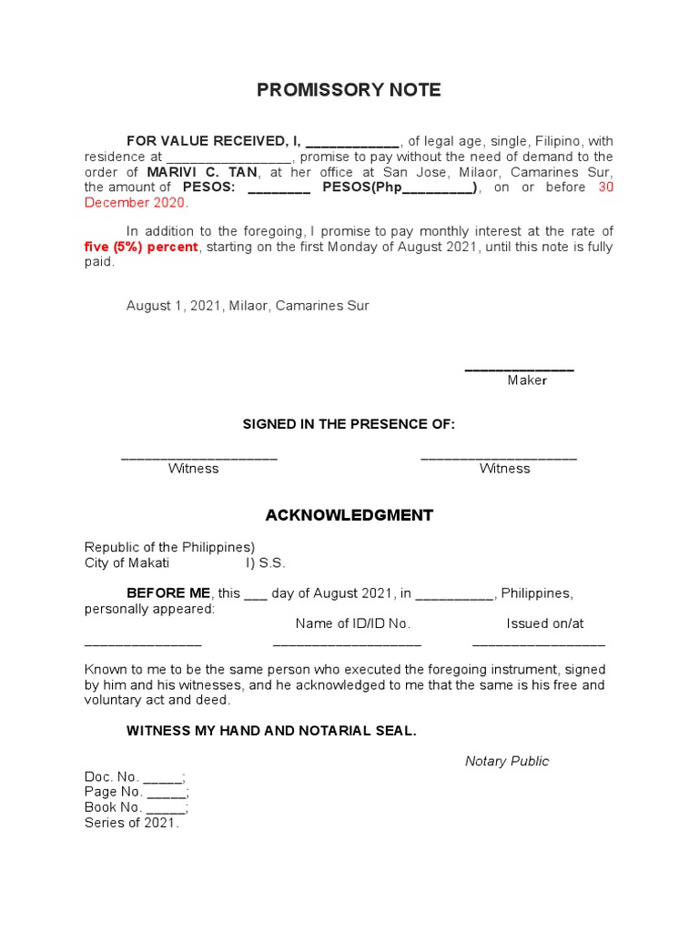 Promissory Note: FOR VALUE RECEIVED, I, - , of Legal Age, Single ...