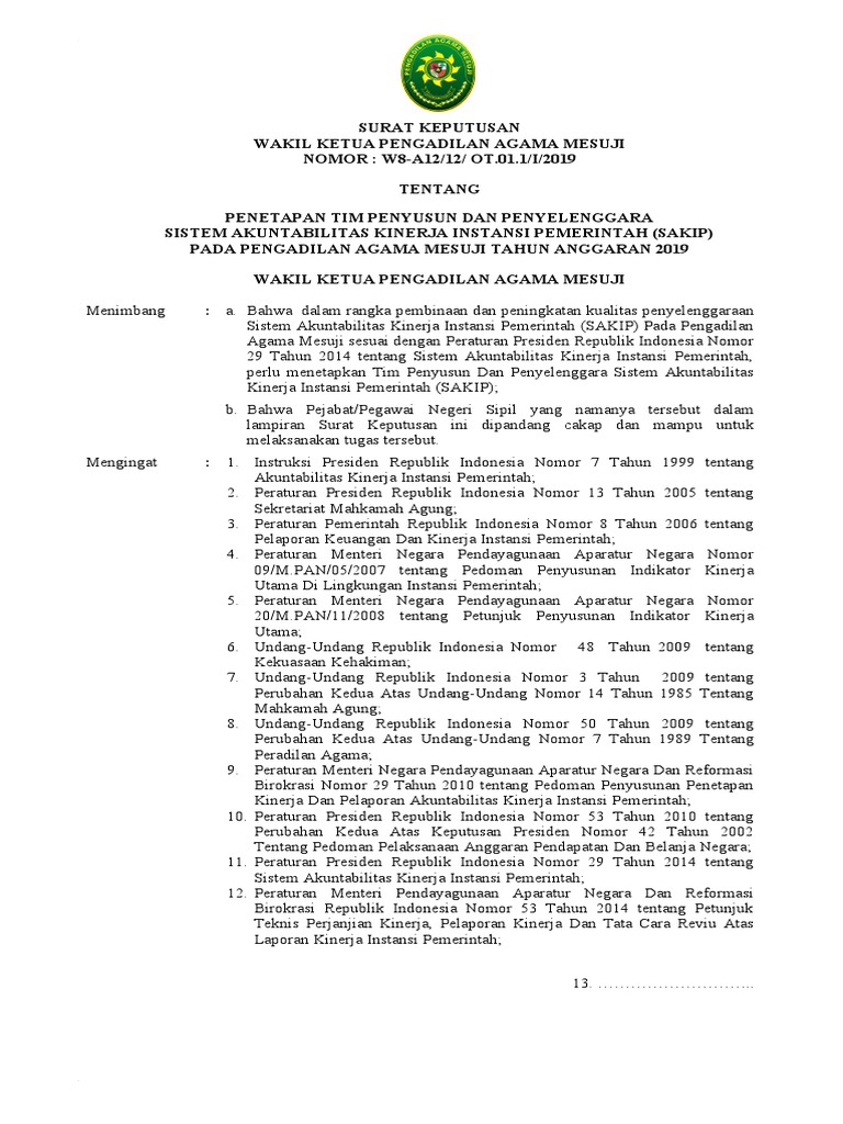 SK Wakil Ketua Tim SAKIP 2019 | PDF