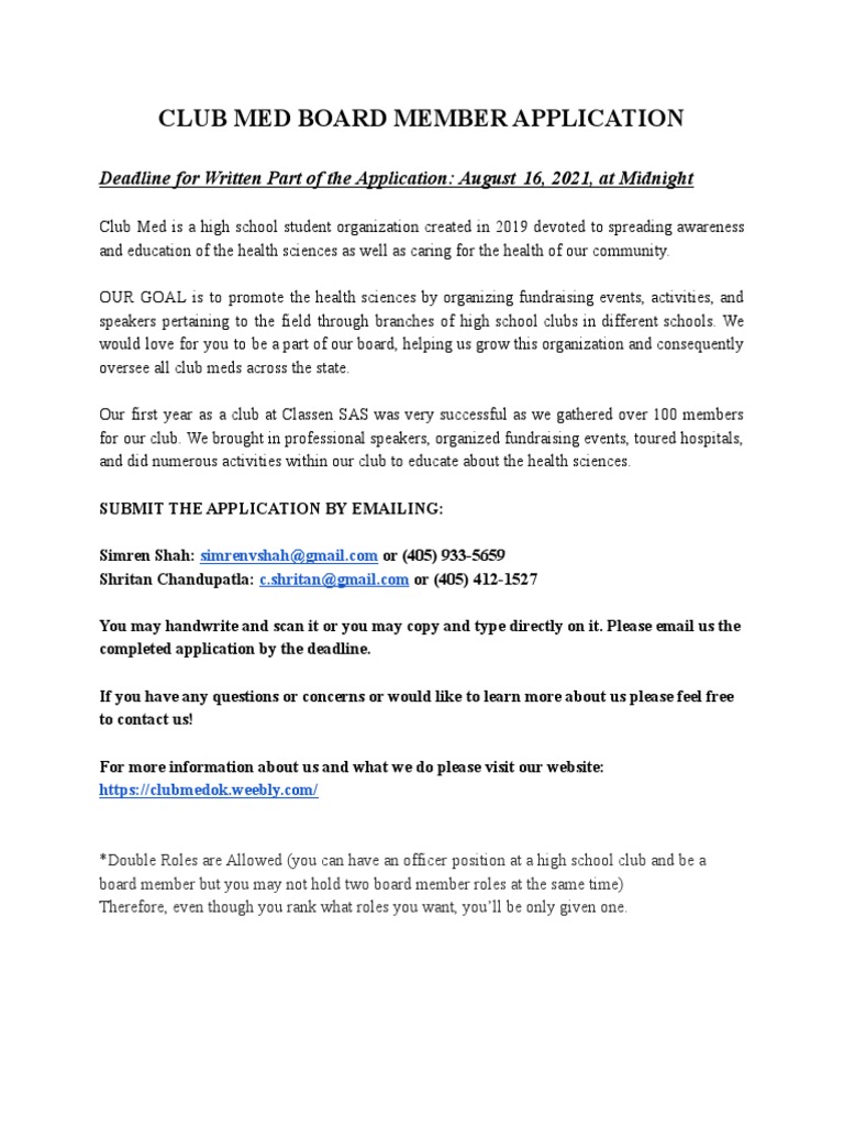 Club Med Board Member Application Guide | PDF | Communication | Business
