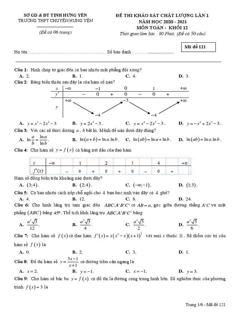 De Khao Sat Chat Luong Toan 12 Lan 1 Nam 2020 2021 Truong THPT Chuyen Hung Yen | PDF
