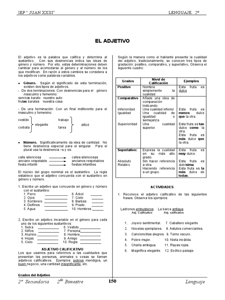 El Adjetivo 2do. Secundaria | PDF | Adjetivo | Género gramatical