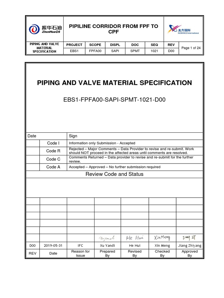 EBS1 FPFA00 SAPI SPMT 1021 D00 Piping and Valve Material Specification | PDF | Pipe (Fluid ...