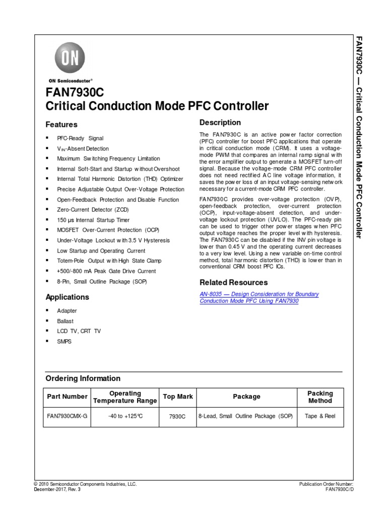 FAN7930C Critical Conduction Mode PFC Controller: Features Description | PDF | Electrical ...