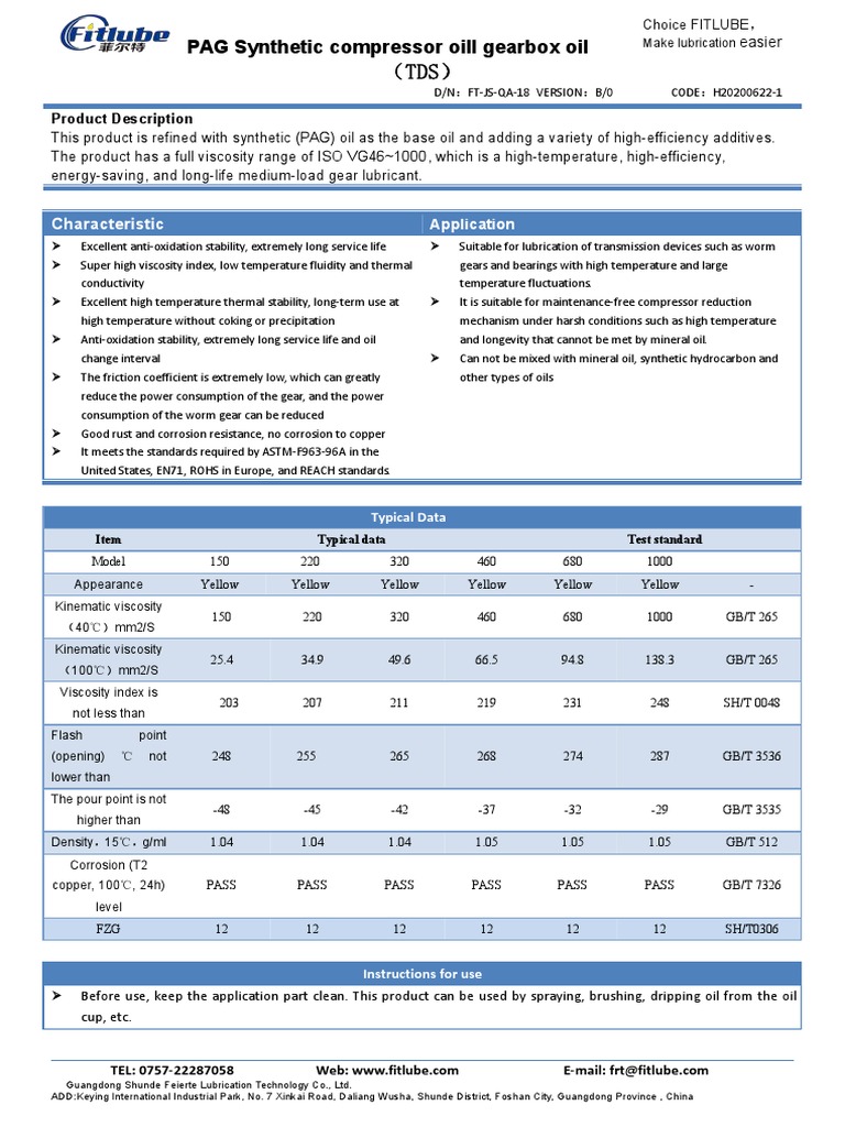 PAG Synthetic Compressor Oil Gearbox Oil | PDF | Lubricant | Materials