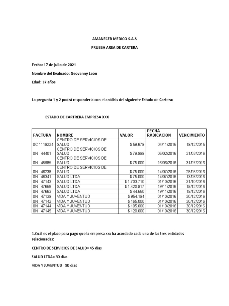 Prueba Area de Cartera | PDF | Business | Médico de atención primaria