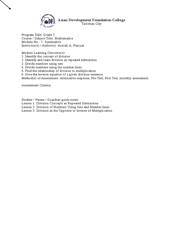 Math 2 Module 7 Summative | PDF | Division (Mathematics) | Elementary ...