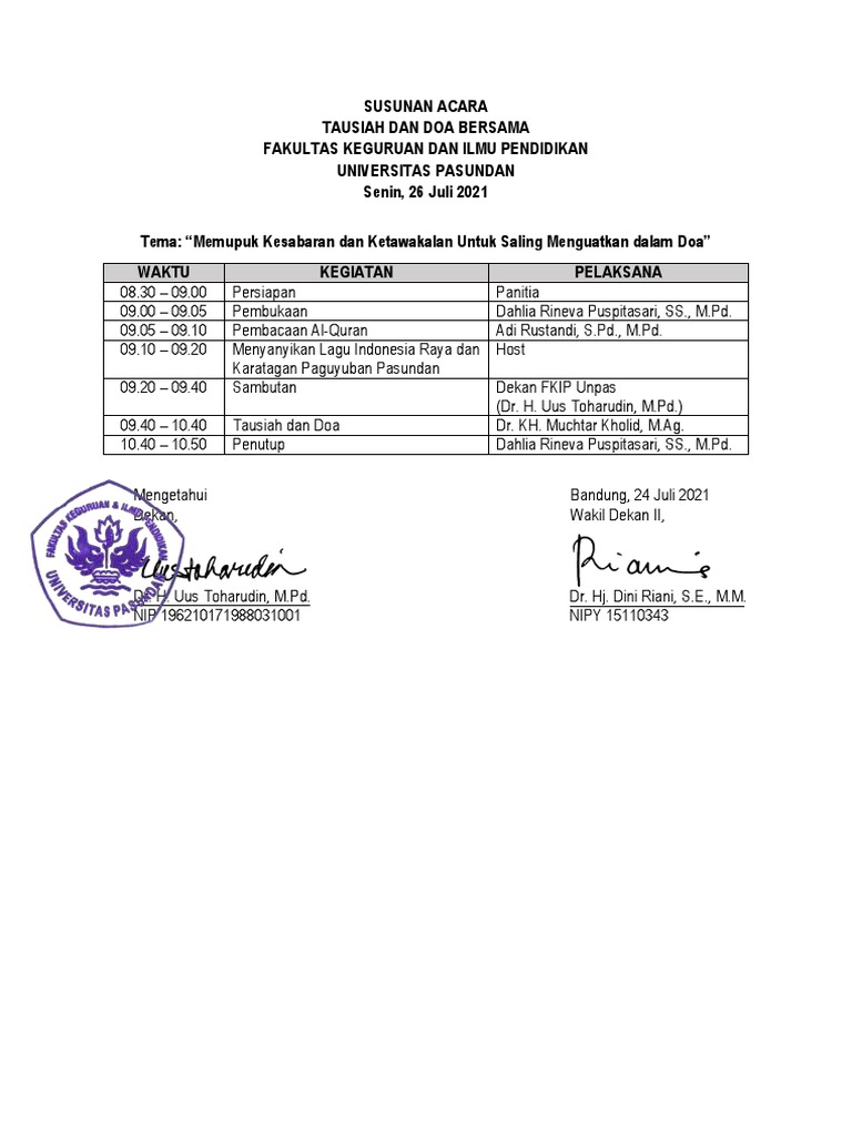 Susunan Acara Tausiah Dan Doa Bersama Fkip Unpas 2021 | PDF