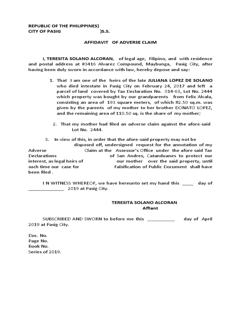 Affidavit of Adverse Claim in Pasig | PDF | Affidavit | Property