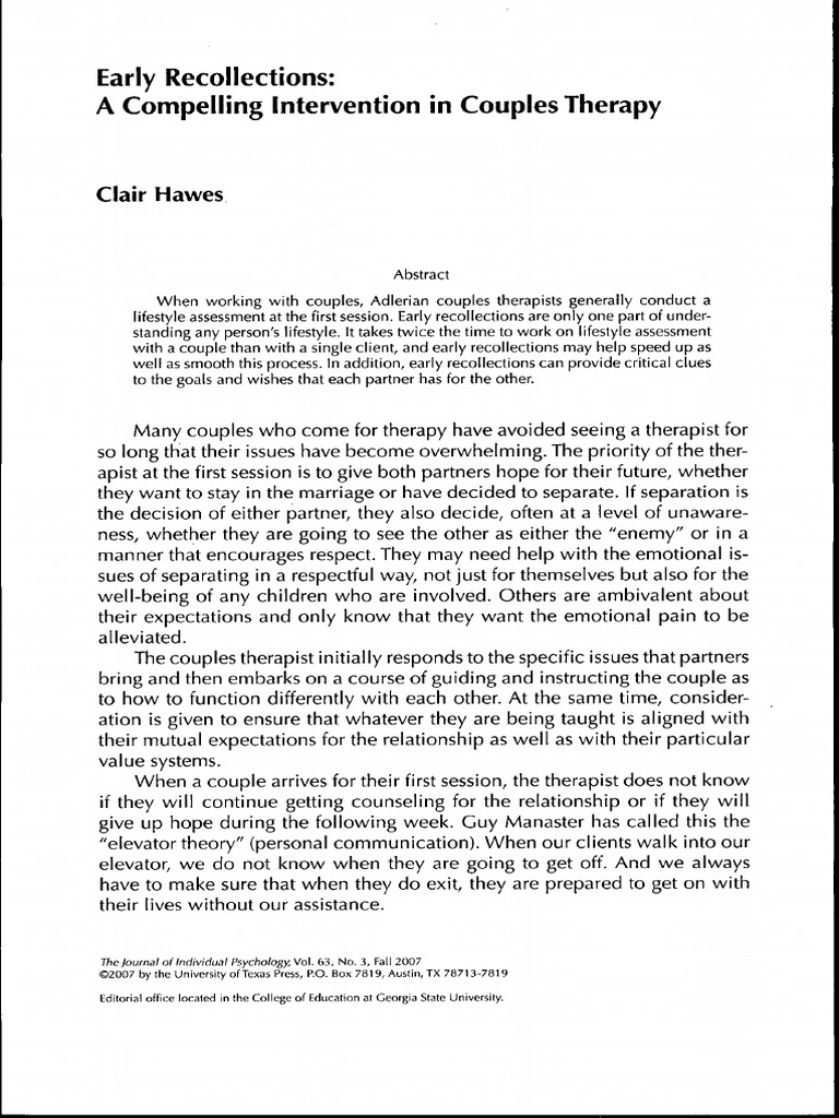 Early Recollections in Couples Therapy | PDF | Recall (Memory ...