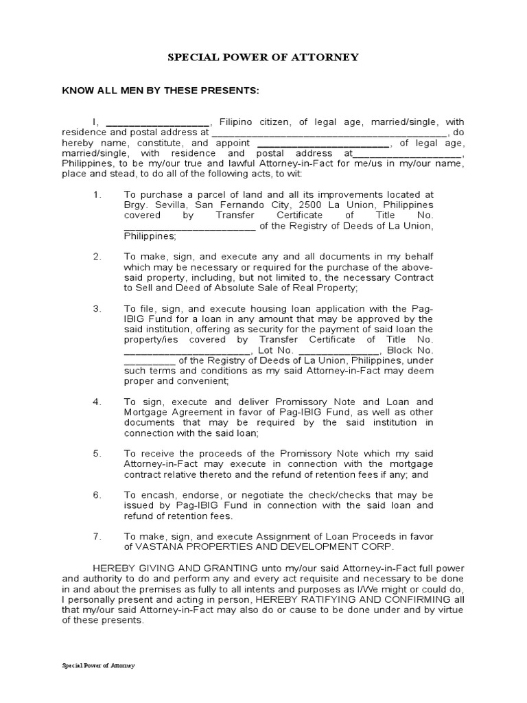Pag Ibig Spa Pro Forma | PDF | Power Of Attorney | Deed