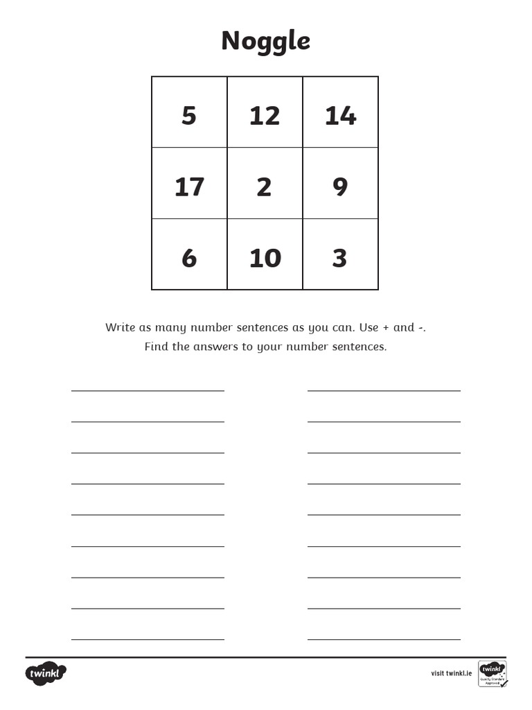 Noggle: Write As Many Number Sentences As You Can. Use + and - . Find ...