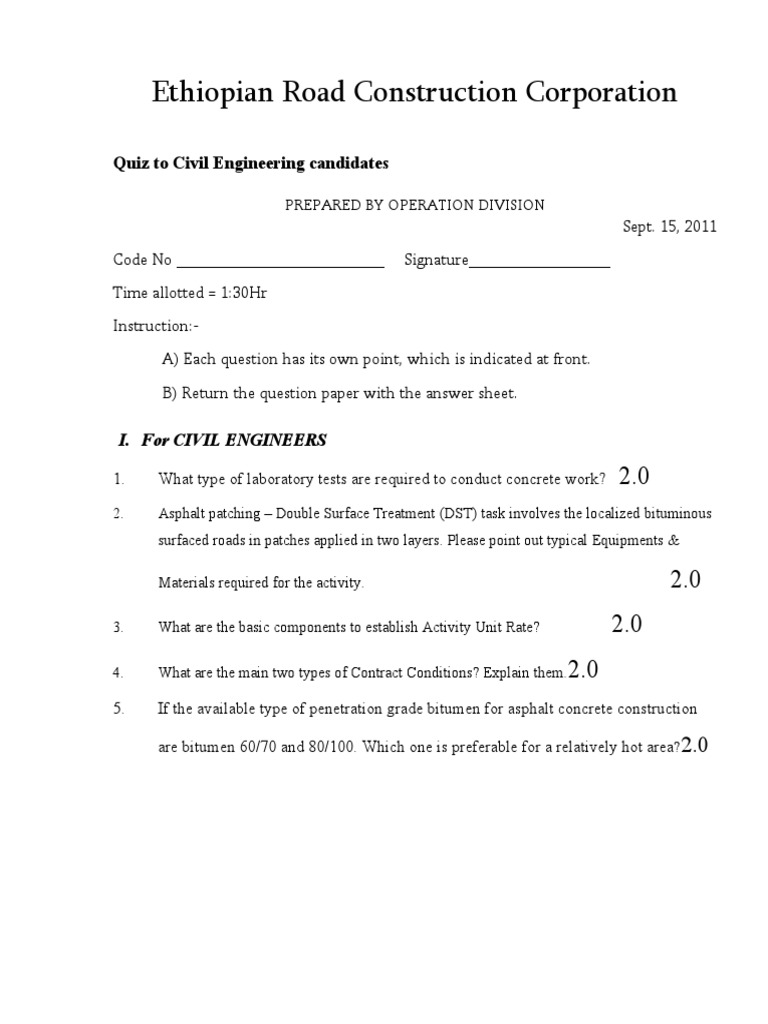 Quiz To Civil Engineers | PDF | Asphalt | Road