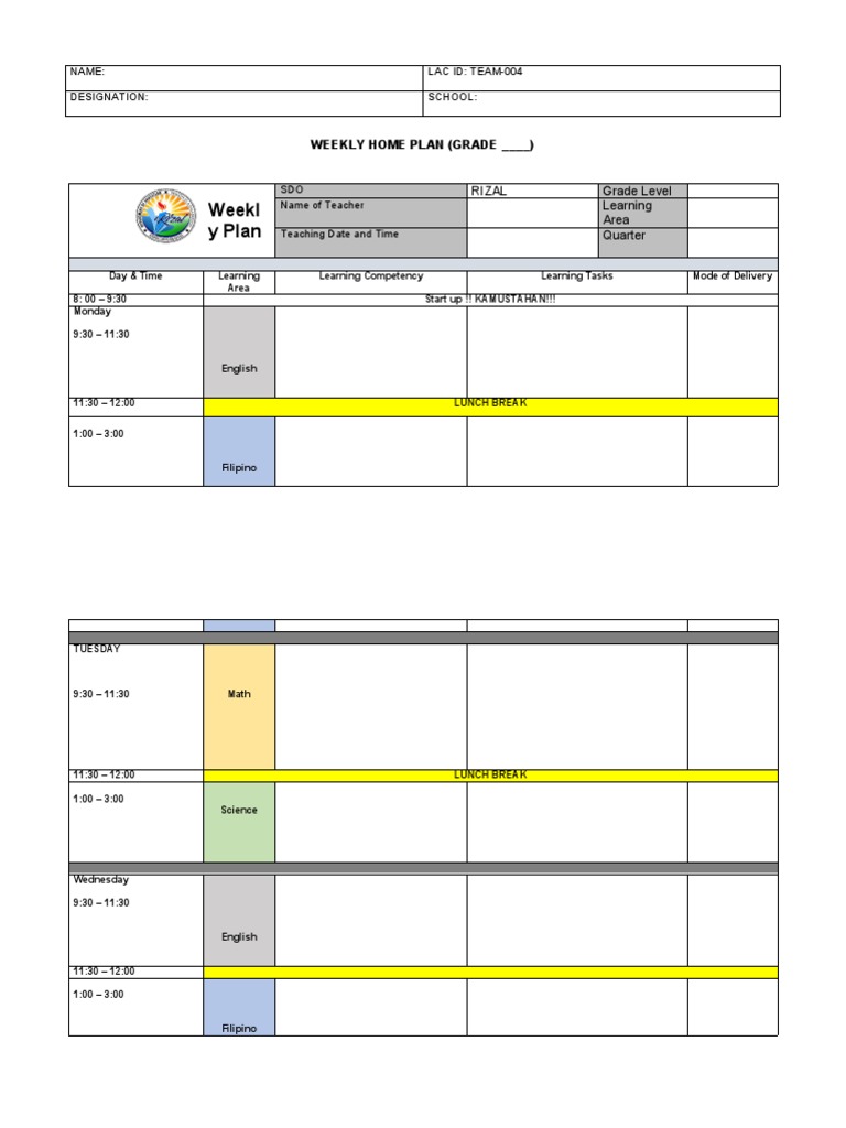 Weekl y Plan: Weekly Home Plan (Grade - ) | PDF
