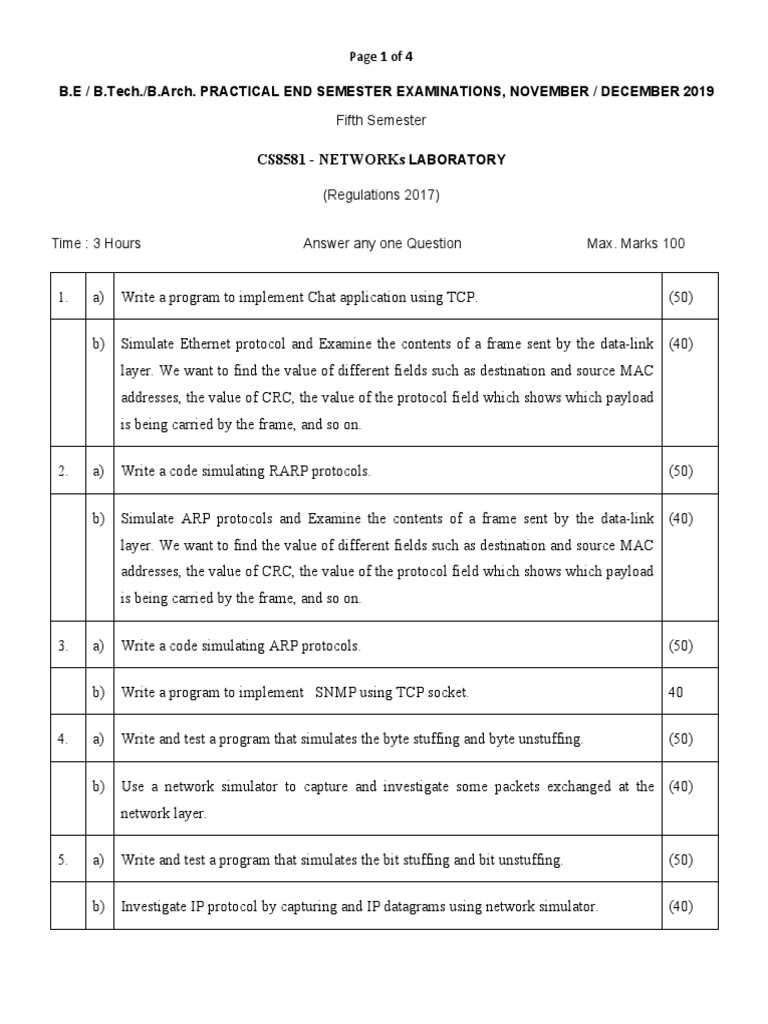 CS8581 - NETWORKs LAB EXAM QUESTIONS | PDF | Internet Protocol Suite | Network Socket