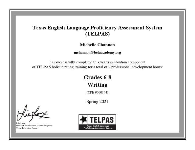 Mchannon - Telpas Certificate Grades 6-8 Calibration 2021 | PDF
