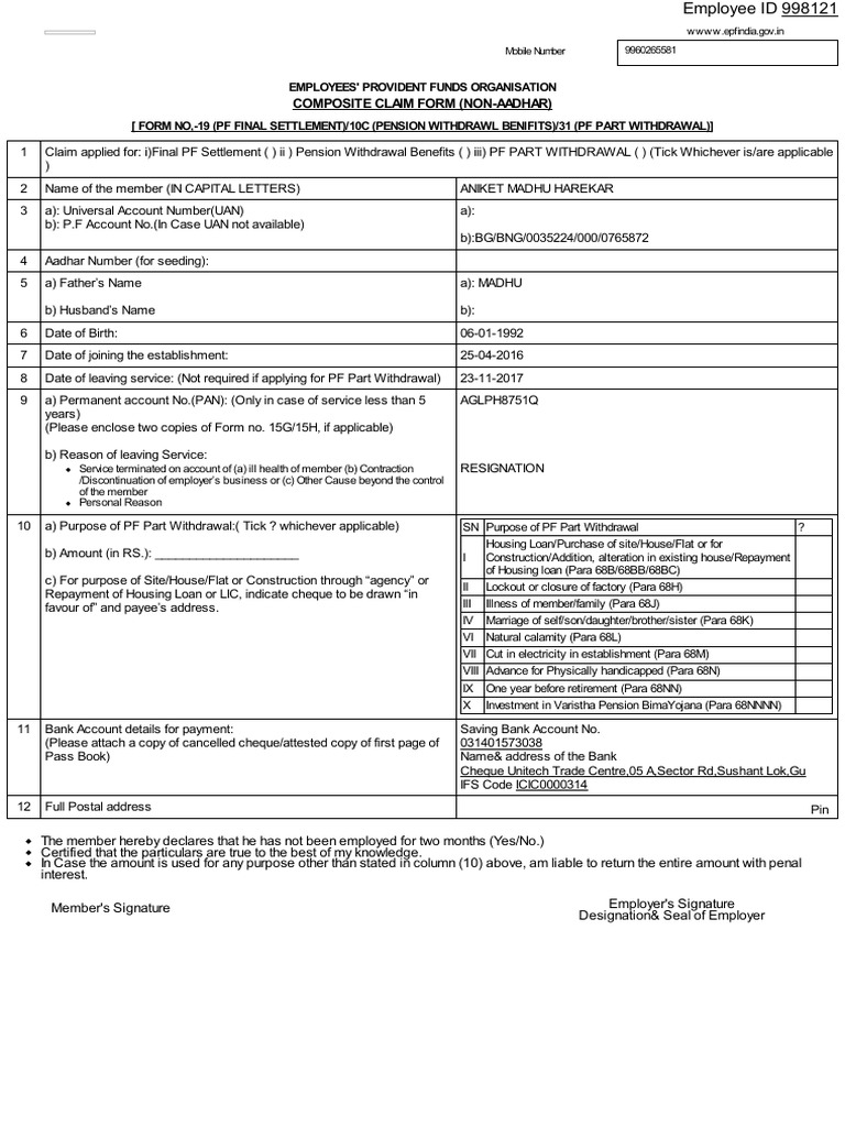 Composite Claim Form (Non-Aadhar) : Employees' Provident Funds Organisation | PDF | Cheque | Pension