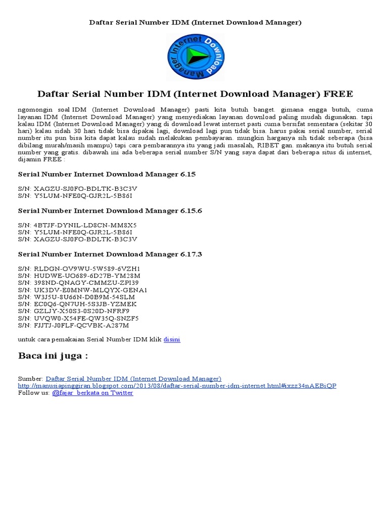 Daftar Serial Number IDM Gratis | PDF