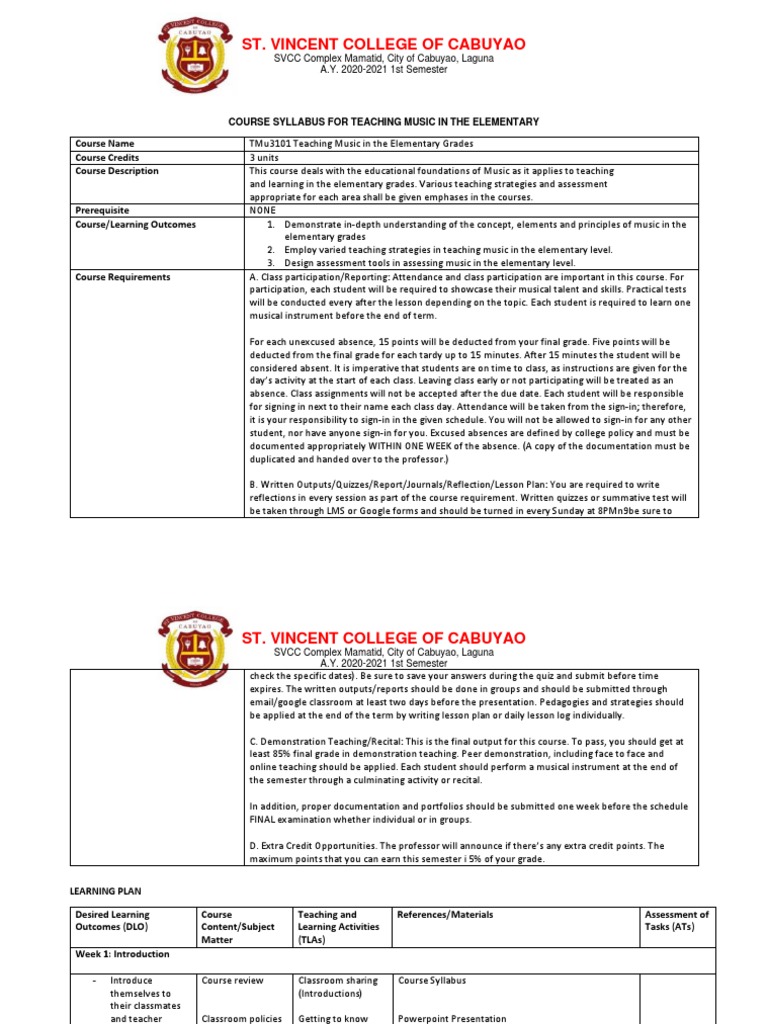 Course Outline For TMu3101 - ELIC | PDF | Curriculum | Lesson Plan
