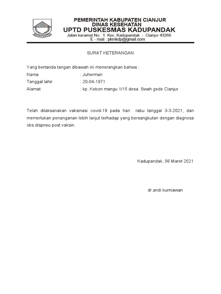 Surat Keterangan Vaksin Covid-19 Juherman | PDF