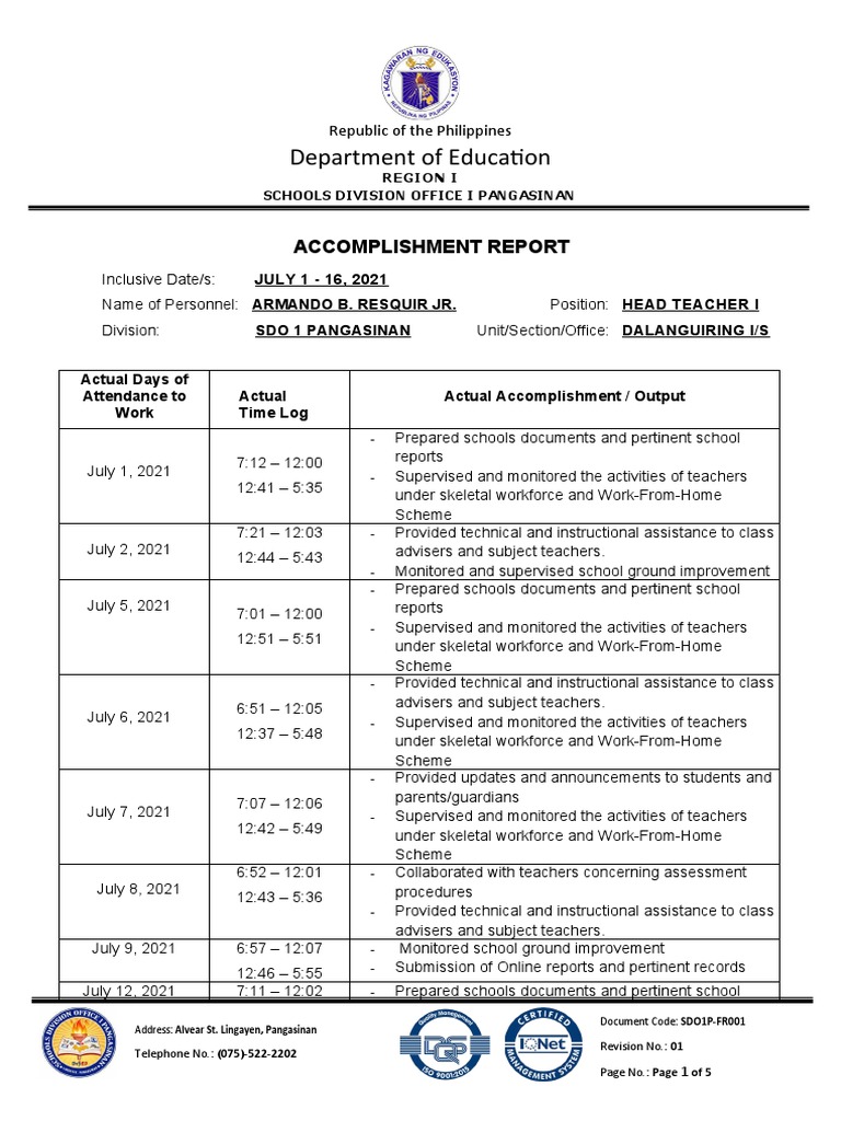 Accomplishment - DTR - July | PDF | Further Education