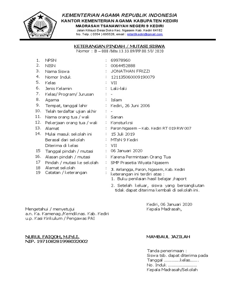 008 Surat Keterangan Mutasi Keluar JONATHAN FRIZZI | PDF | Kesehatan ...