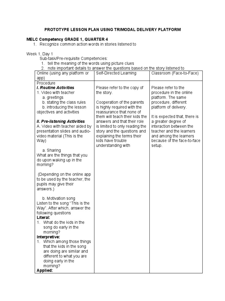 Prototype Lesson Plan Using Trimodal Delivery Platform | PDF | English ...