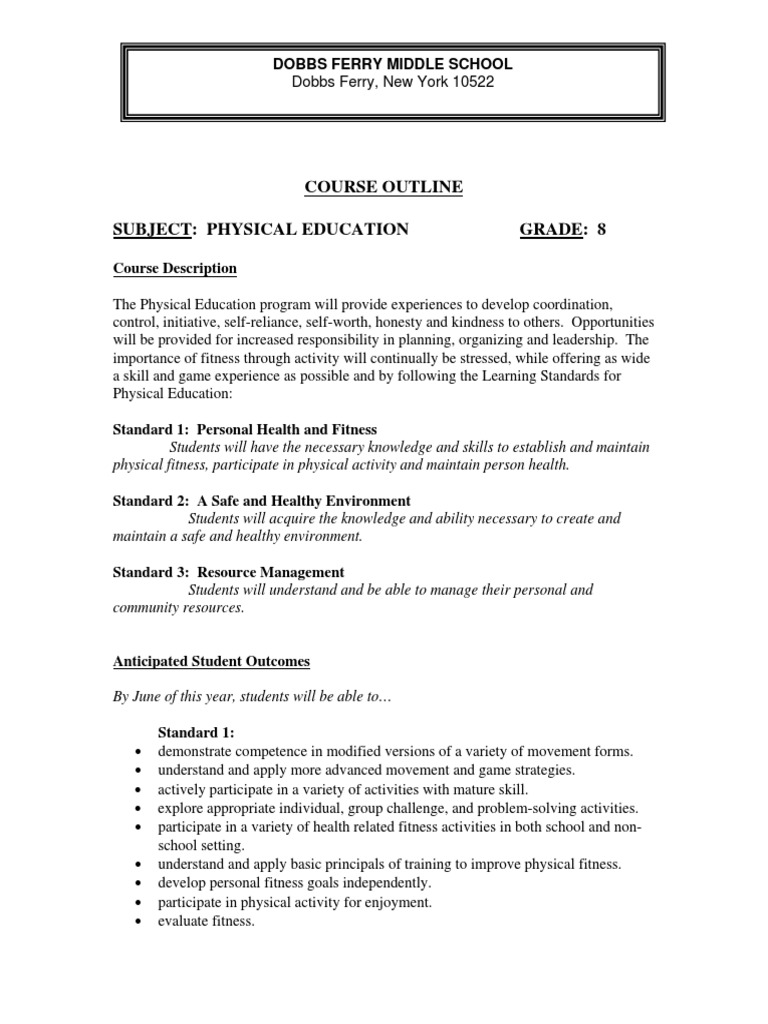 Course Outline Subject: Physical Education Grade: 8: Dobbs Ferry Middle ...