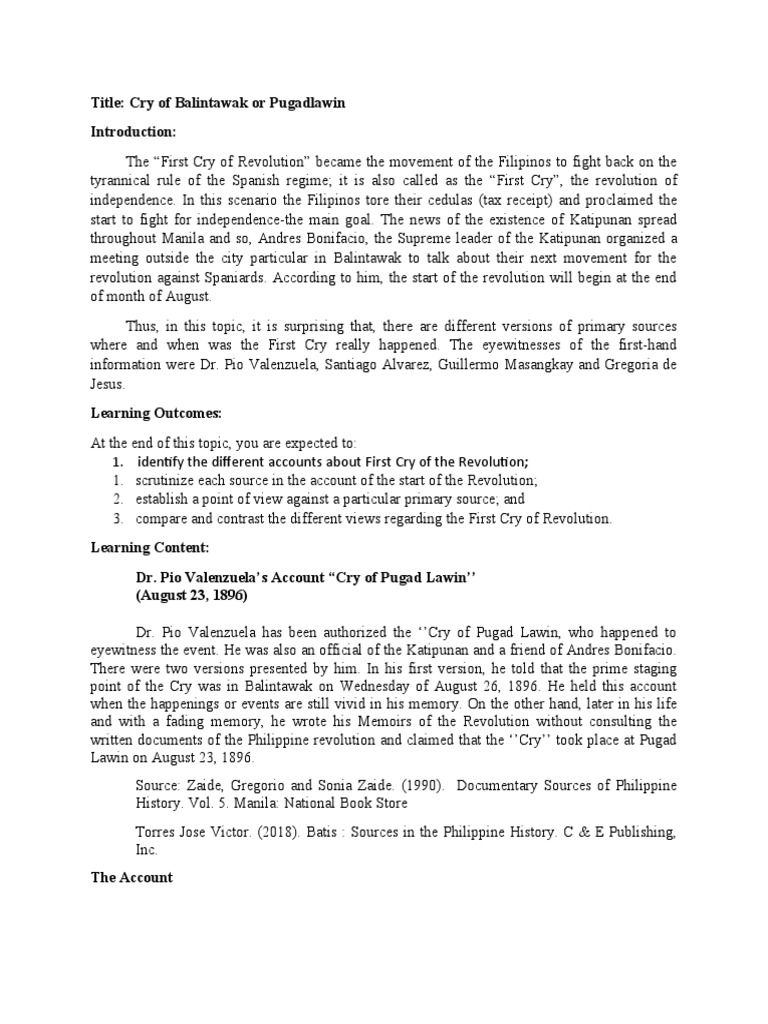 First Cry of Revolution: Balintawak vs. Pugadlawin | PDF | Metro Manila ...