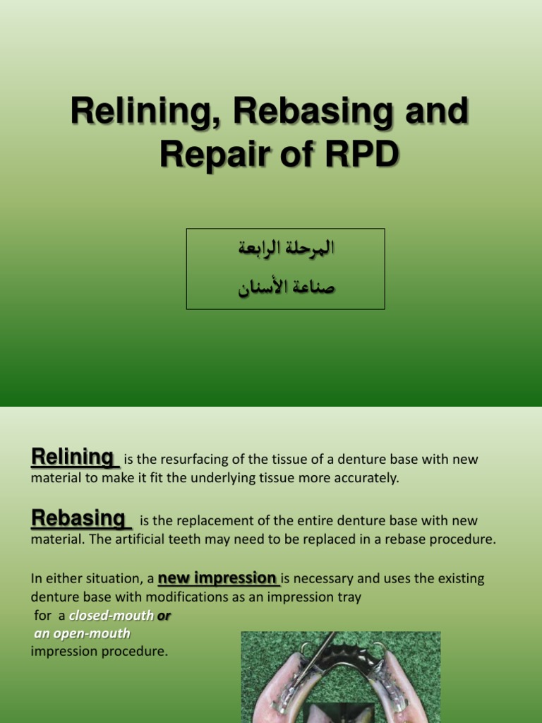 Relining, Rebasing and of RPD Repair | PDF | Dentures | Prosthesis