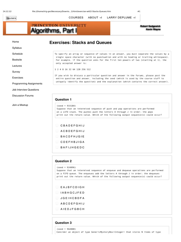 Algorithms, Part I: Exercises: Stacks and Queues | PDF | Queue ...