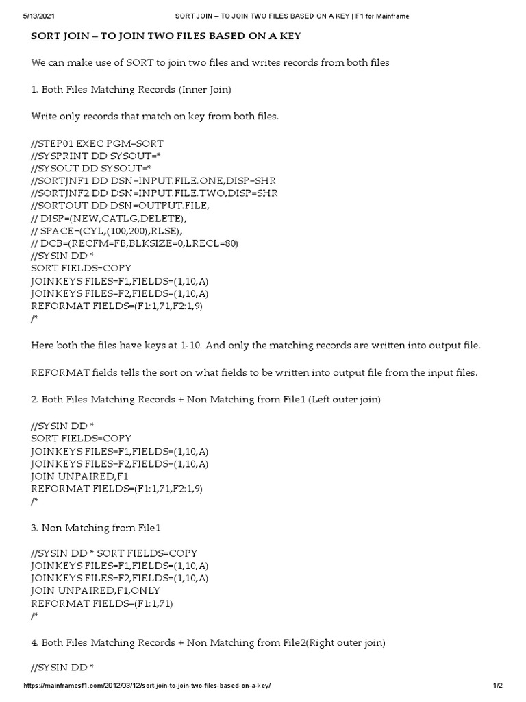 JCL Sort Join - To Join Two Files Based On A Key - F1 | PDF