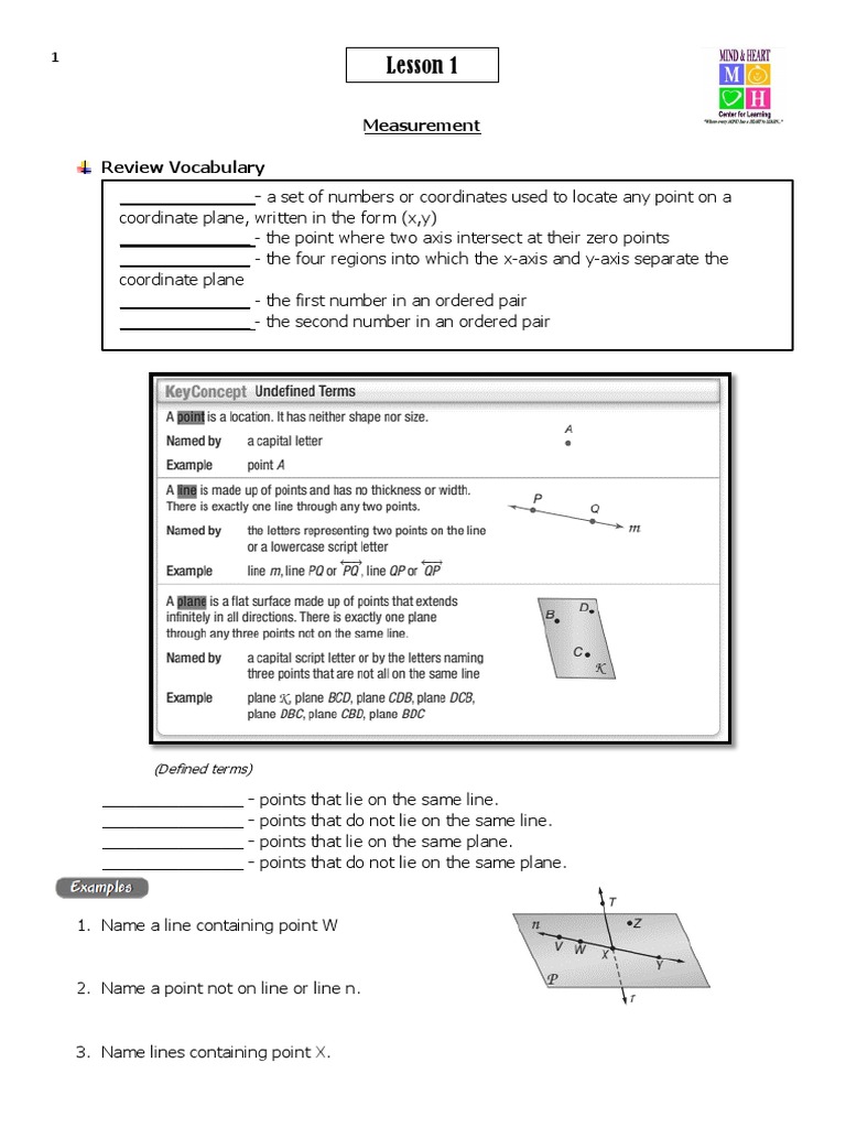 Lesson 1: Review Vocabulary Coordinate Plane, Written in The Form (X, Y ...