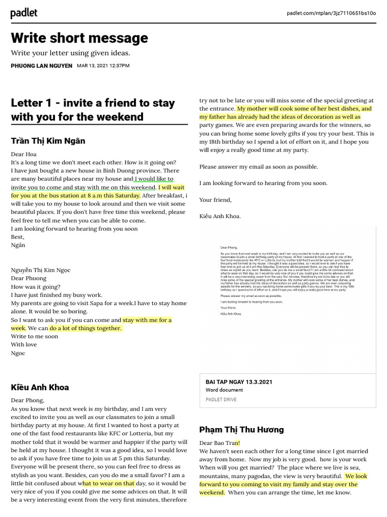 Write Short Message: Letter 1 - Invite A Friend To Stay With You For ...