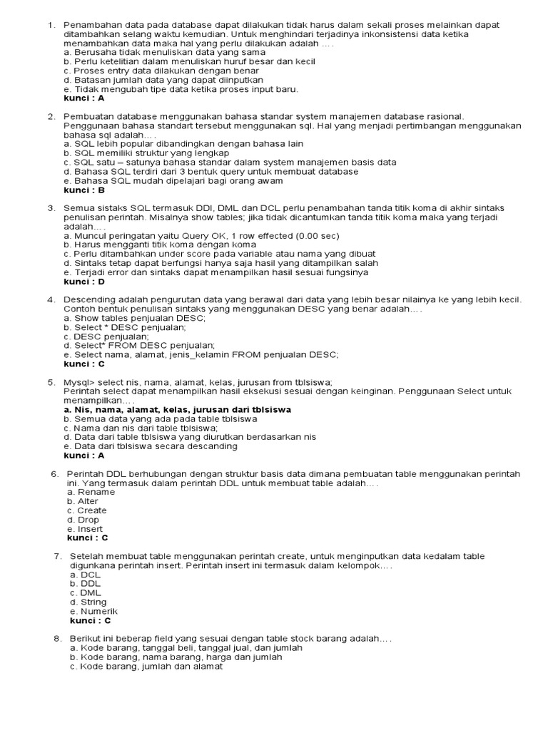 Soal PTS - Basis Data Xi-Rpl | PDF