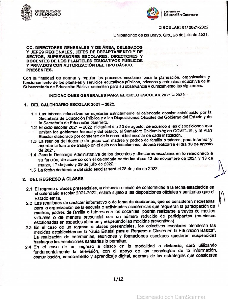 Circular 01. Ciclo Escolar 2021-2022 | PDF