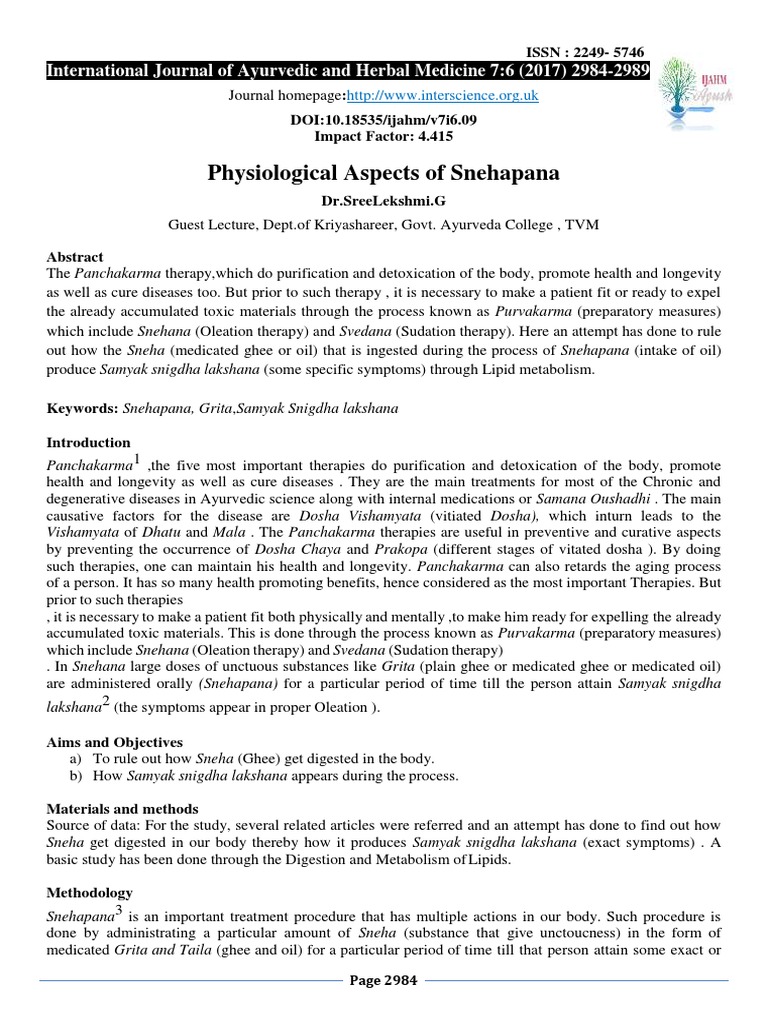 Physiological Aspects of Snehapana | PDF | Fat | Fatty Acid