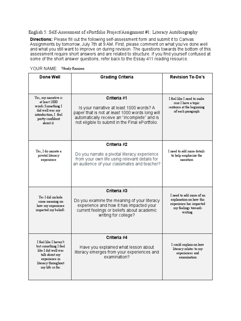 Portfolio Project 1 Literacy Autobiography Self-Assessment | PDF ...